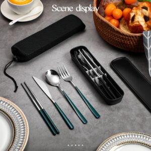 Kritkin 2 Sets Travel Cutlery Set 18/8 Stainless Steel Cutlery 6 Pcs Reusable Christmas Utensils Set with Case Portable Silverware Lunch Box for Camping School Office(Silver, Blackish Green, Black)