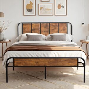 vecelo queen platform bed frame with wood headboard,sturdy steel slats support/matress foudation/no box spring needed(brown)