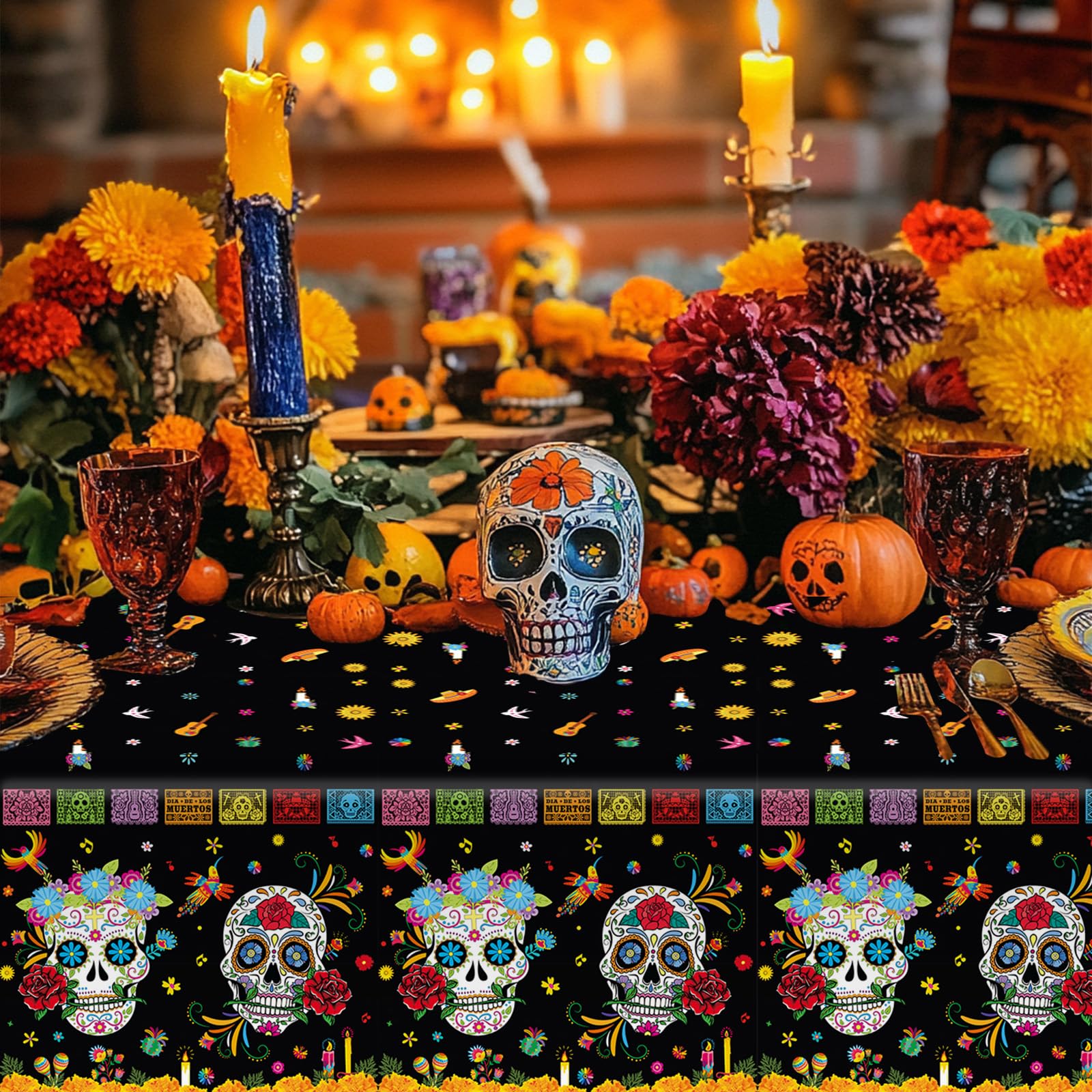 MEHOFOND 3 Pcs Day of The Dead Plastic Tablecloth, Dia De Los Muertos Disposable Table Cover for Halloween, Mexican Skull Floral Fiesta Party Decorations, Day of The Dead Party Supplies