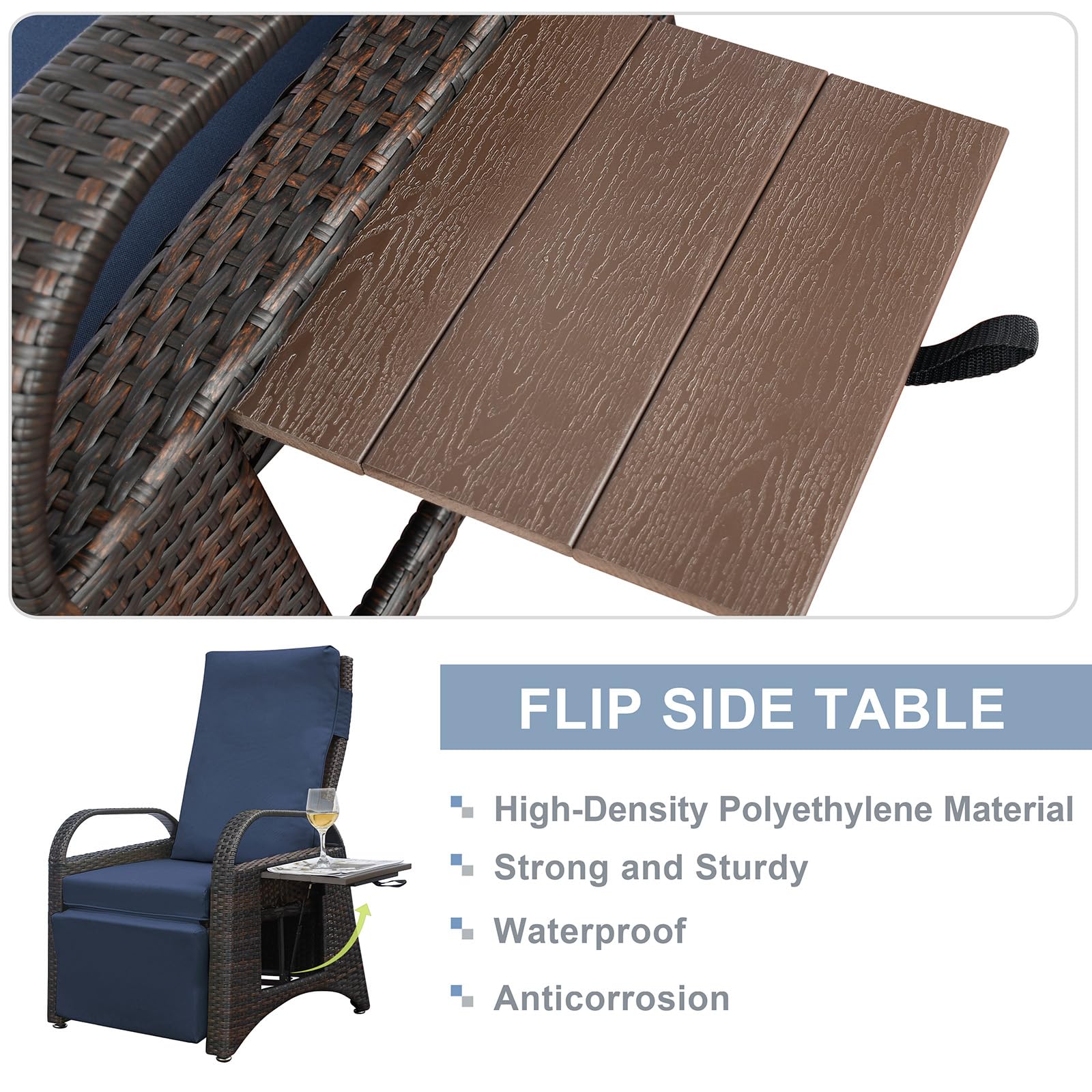 Skypatio Outdoor Recliner Chair, Independently Adjustable Backrest and Footrest All-Weather Wicker Patio Reclining Lounge Chair with Flip Side Table, Navy Blue