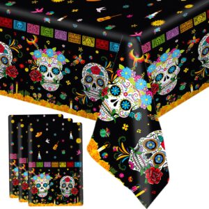 mehofond 3 pcs day of the dead plastic tablecloth, dia de los muertos disposable table cover for halloween, mexican skull floral fiesta party decorations, day of the dead party supplies