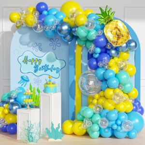 148pcs cartoon sponge balloon arch kit, sponge birthday decorations with yellow blue clear metallic blue teal blue balloons pineapple balloon for cartoon sponge birthday party baby shower decorations