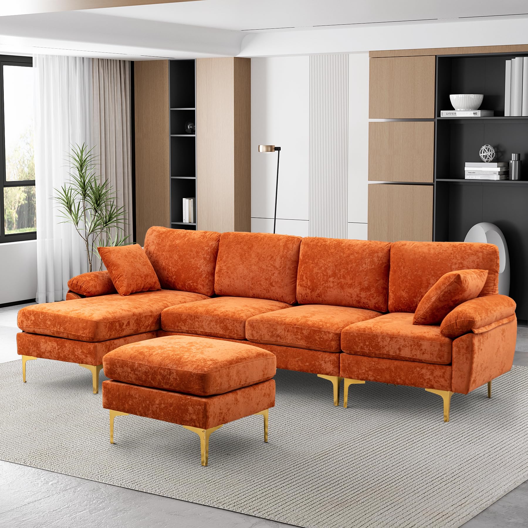 ONEMMLION U-Shaped Sectional Sofa Couch, 4 Seat Velvet Sofa Set for Living Room, Convertible L-Shaped Couch Set with Chaise Lounge, Pillows and Ottoman,114 inches (Orange)