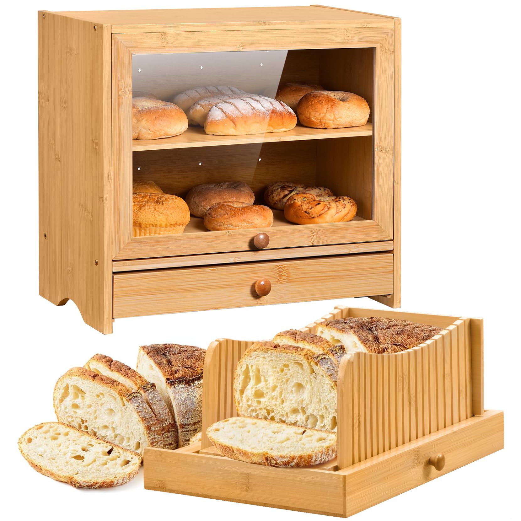 Beglero Bamboo Bread Box with Bread Slicer, Corner Bread Box for Kitchen Countertop, Bread Box for Homemade Bread with Window, Bamboo Bread Box for Kitchen Countertop, Pantry Counter Corner