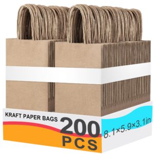 200pack paper bags with handles，8.1x5.9x3.1 inch，paper bags with handles bulk，gift bags bulk，brown gift bags，bolsas de papel para negocio，paper bags bulk for birthday party favors, shopping, retail