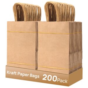 miikoul 200 pieces 8.27"x5.9"x3.15" brown paper bags with handles, gift bags bulk for small business, shopping bags, wedding party favor bags, halloween treat bags for birthday party, goody craft