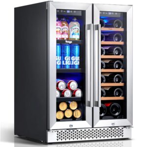 yeego wine and beverage refrigerator 24", dual zone beverage cooler wine fridge with upgrade quiet cooling, anti-uv glass door, 20 bottles & 60 cans large capacity, built-in/freestanding/undercounter