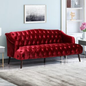 lumisol 3-seat sofa with button tufted for living room, velvet sofa couch furniture with wooden legs, comfy sofa for small space, wine red