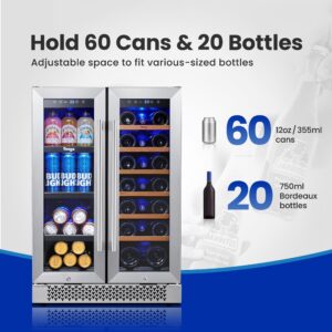 Yeego Wine and Beverage Refrigerator 24", Dual Zone Beverage Cooler Wine Fridge with Upgrade Quiet Cooling, Anti-UV Glass Door, 20 Bottles & 60 Cans Large Capacity, Built-in/Freestanding/Undercounter