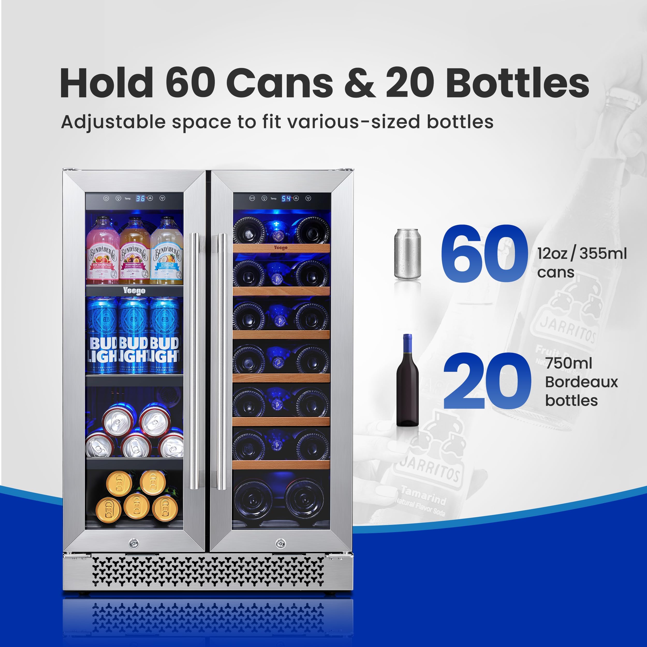 Yeego Wine and Beverage Refrigerator 24", Dual Zone Beverage Cooler Wine Fridge with Upgrade Quiet Cooling, Anti-UV Glass Door, 20 Bottles & 60 Cans Large Capacity, Built-in/Freestanding/Undercounter