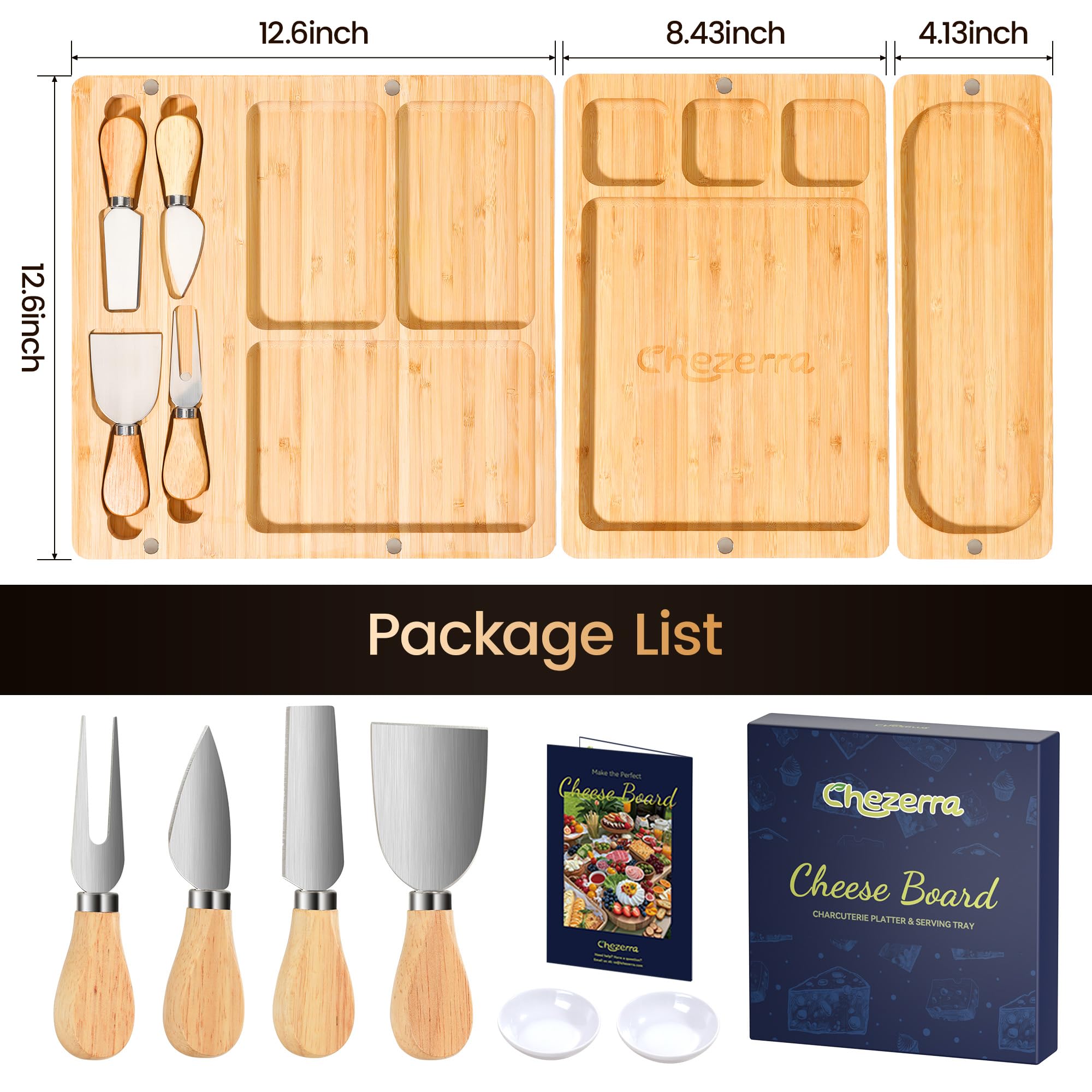 Chezerra Charcuterie Boards Gift Set 25.2"×12.6", Large Cheese Board with Knife Set - Unique White Elephant Gift, House Warming Gift, Wedding Gift, 3 in 1 Bamboo Cheeseboard for Party