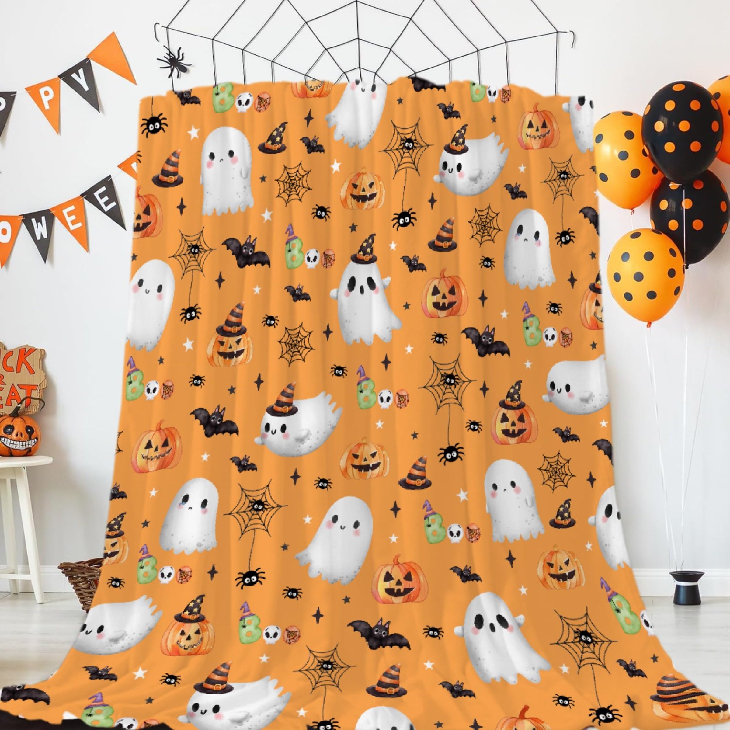 Halloween Throw Blanket, Cute Ghost Blanket for Boys Girls, Super Soft Flannel Pumpkin Blanket, Halloween Decor Blanket for Couch,Sofa,Bed,Living Rooms - 30"x40"-Toddlers/Pets Size