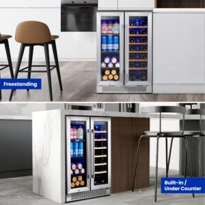 Yeego Wine and Beverage Refrigerator 24", Dual Zone Beverage Cooler Wine Fridge with Upgrade Quiet Cooling, Anti-UV Glass Door, 20 Bottles & 60 Cans Large Capacity, Built-in/Freestanding/Undercounter