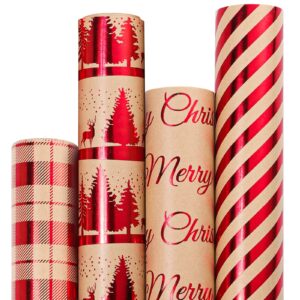 woric jumbo christmas wrapping paper 30 inch 4 rolls gift wrapping paper christmas rolls, brown paper with red pattern vintage christmas stocking stuffers, 10 feet per roll