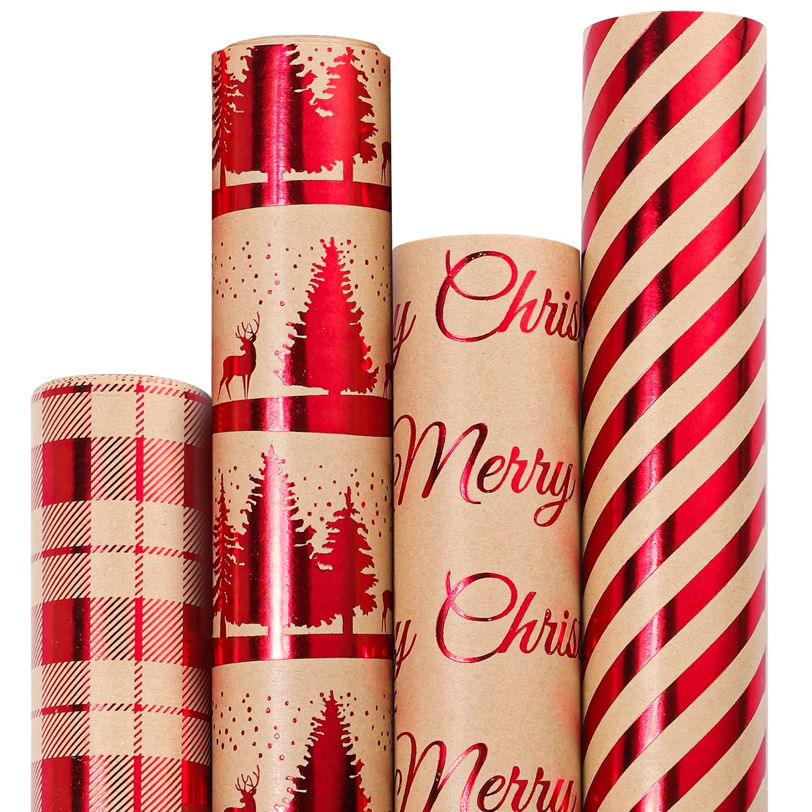 woric Jumbo Christmas Wrapping Paper 30 Inch 4 Rolls Gift Wrapping Paper Christmas Rolls, Brown Paper with Red Pattern Vintage Christmas Stocking Stuffers, 10 Feet Per Roll