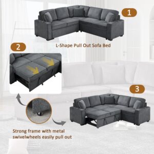 Favfurish Convertible Sectional Sleeper Sofa,L Shaped Oversized Modular Couch Upholstered Free Combined Corner Couches with 3 Pillows and 5 Seat,Pullout Bed,Chenille,Dark Gray