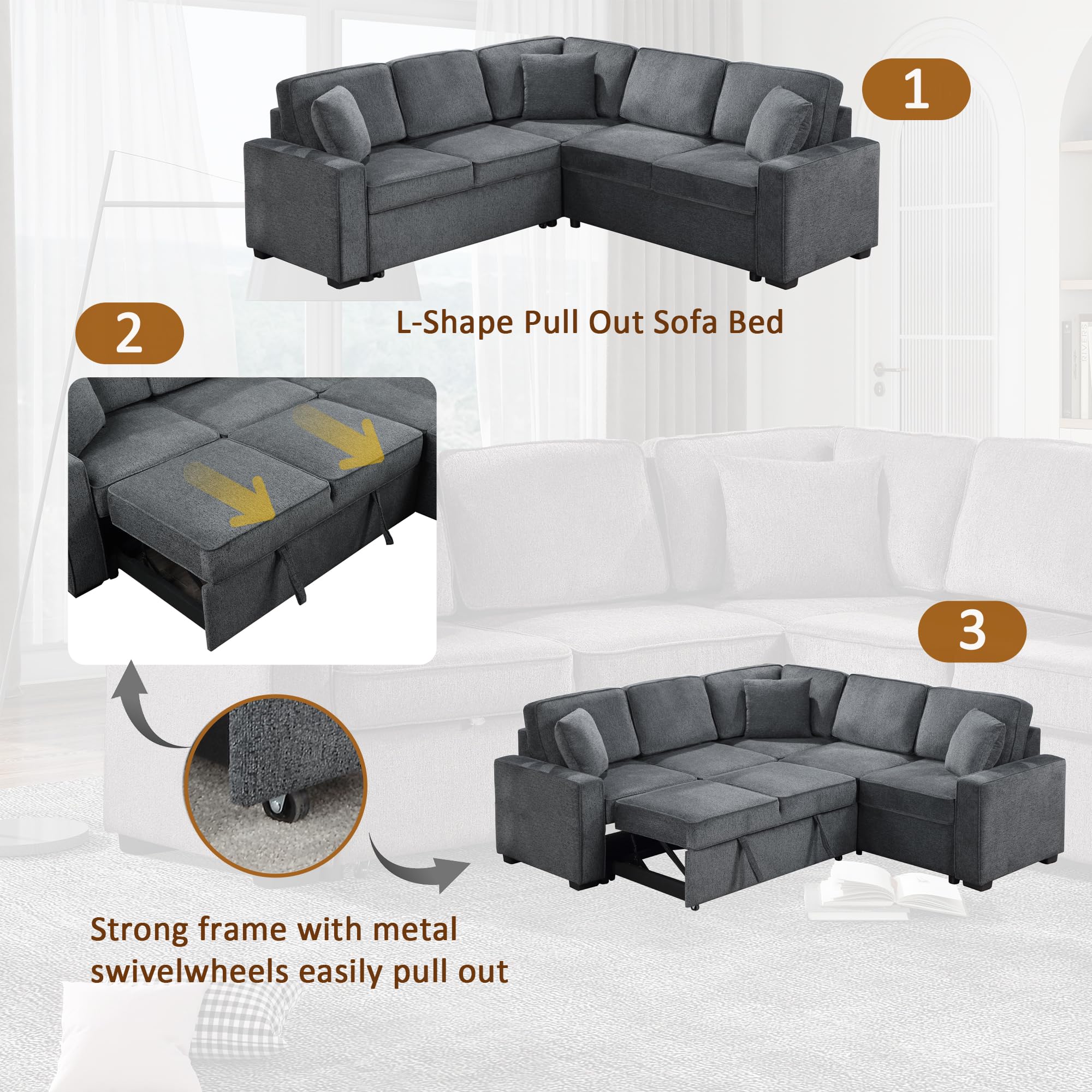 Favfurish Convertible Sectional Sleeper Sofa,L Shaped Oversized Modular Couch Upholstered Free Combined Corner Couches with 3 Pillows and 5 Seat,Pullout Bed,Chenille,Dark Gray