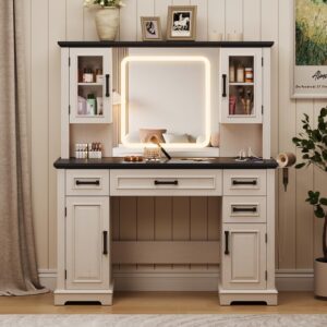 Maupvit Farmhouse Vanity Desk with Mirror and Lights, Makeup Vanity Table with Charging Station, 45" Bedroom Table with 4 Drawers and Cabinets, 3 Lighting Modes, White