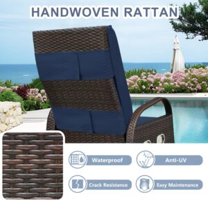 Skypatio Outdoor Recliner Chair, Independently Adjustable Backrest and Footrest All-Weather Wicker Patio Reclining Lounge Chair with Flip Side Table, Navy Blue