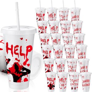 dandat 24 pcs halloween plastic cups 24oz halloween bloody handprint cups halloween reusable cups with lids and straws halloween party favors supplies halloween cups for adults party decoration