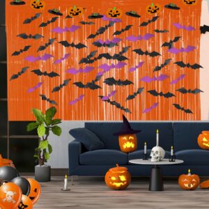 Halloween Background Photo Booth Props, 2 Packs Orange Tinsel Foil Fringe Curtains Backdrop, 3.3 x 6.6 ft Streamer with 96 Pcs Black Purple PVC Bat Stickers Decals for Party Supplies