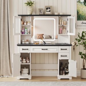 Maupvit Farmhouse Vanity Desk with Mirror and Lights, Makeup Vanity Table with Charging Station, 45" Bedroom Table with 4 Drawers and Cabinets, 3 Lighting Modes, White