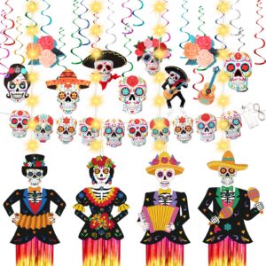 motimind 29 pcs day of the dead decorations sugar skull hanging swirl decorations sugar skull banner sugar skull hanging decor with led string lights for dia de los muertos fiesta party supplies