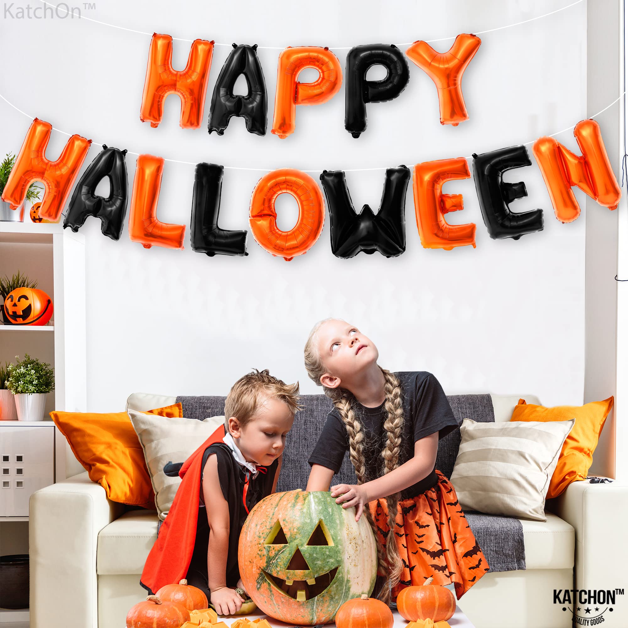 KatchOn, Happy Halloween Balloons Banner - 16 Inch, Pack of 14 | Happy Halloween Banner for Halloween Decorations Indoor | Orange and Black Happy Halloween Foil Balloons, Halloween Party Decorations