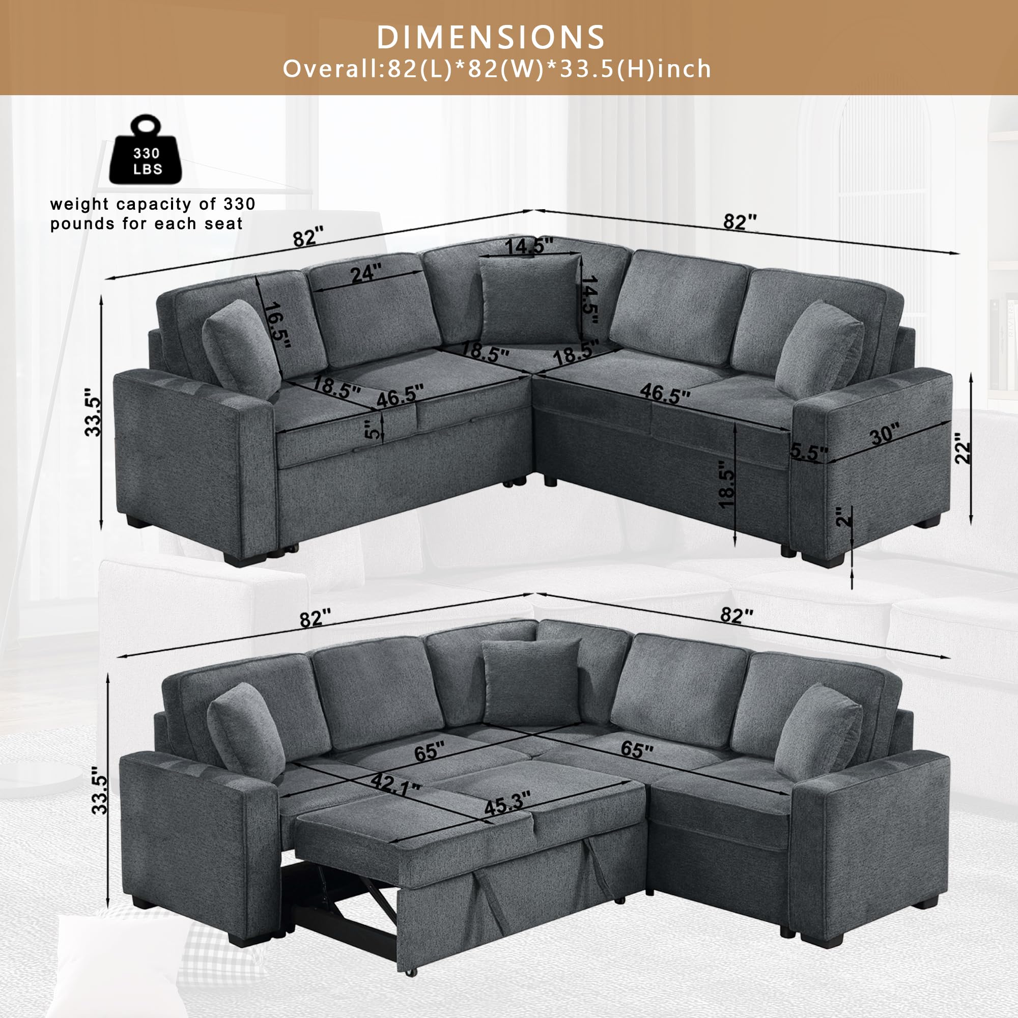 Favfurish Convertible Sectional Sleeper Sofa,L Shaped Oversized Modular Couch Upholstered Free Combined Corner Couches with 3 Pillows and 5 Seat,Pullout Bed,Chenille,Dark Gray