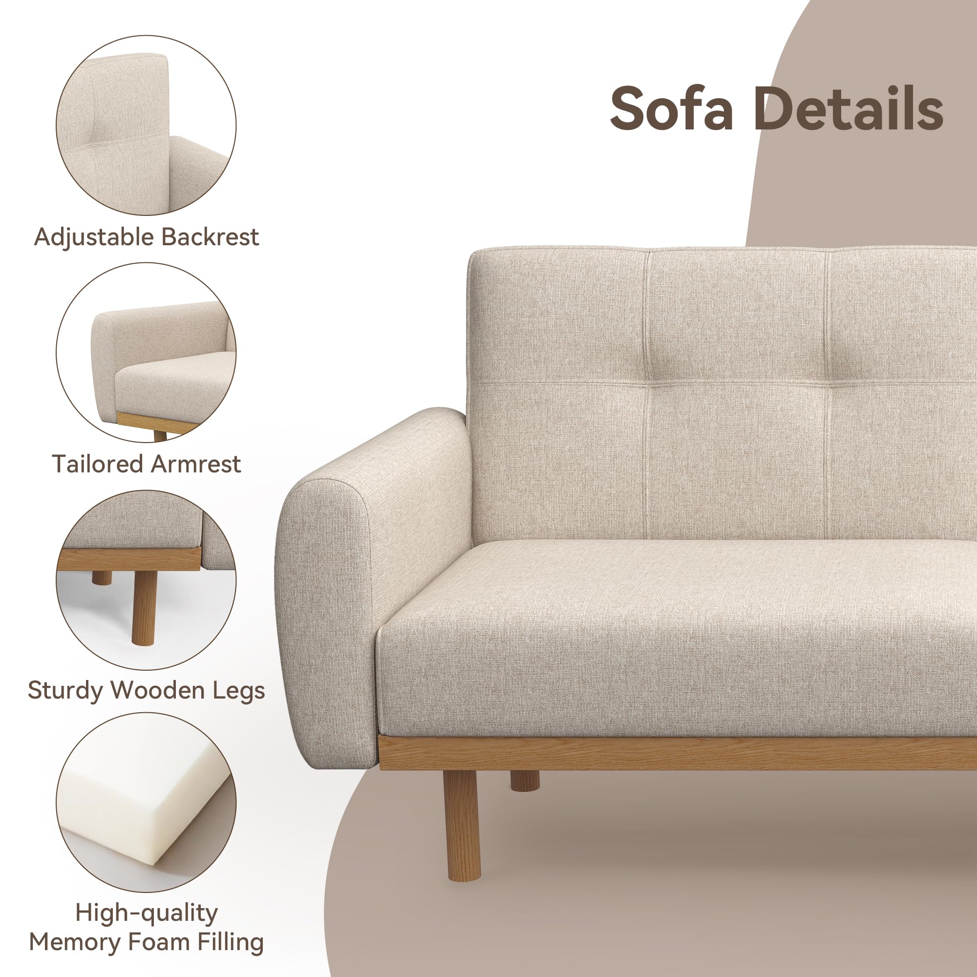 AMICLIBER Convertible Futon Sofa Bed Couch, 79 Inch Mid Century Futon Love Seat Couches,Button Tufted Upholstered Small Splitback Loveseat Sofa Cama for Living Room,RV,Office,Apartment,Beige