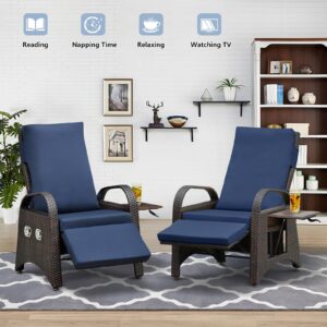 Skypatio Outdoor Recliner Chair, Independently Adjustable Backrest and Footrest All-Weather Wicker Patio Reclining Lounge Chair with Flip Side Table, Navy Blue