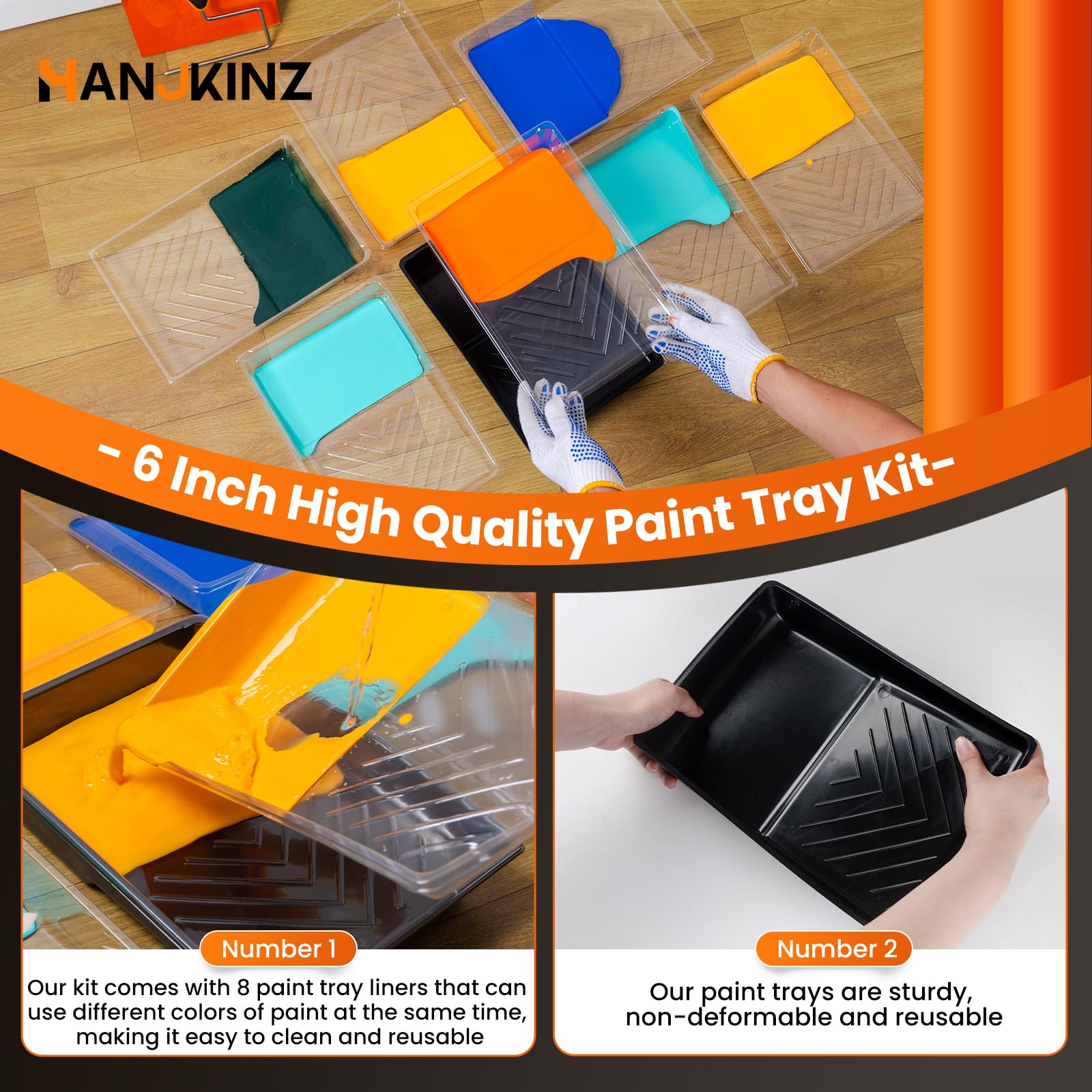 HANJKINZ Paint Tray, 11 Pcs, 6 inch Paint Tray Kit with Disposable Tray Liners and 6 Inch Paint Roller Frame, 9x12 Plastic Feet Drop Cloth for Painting