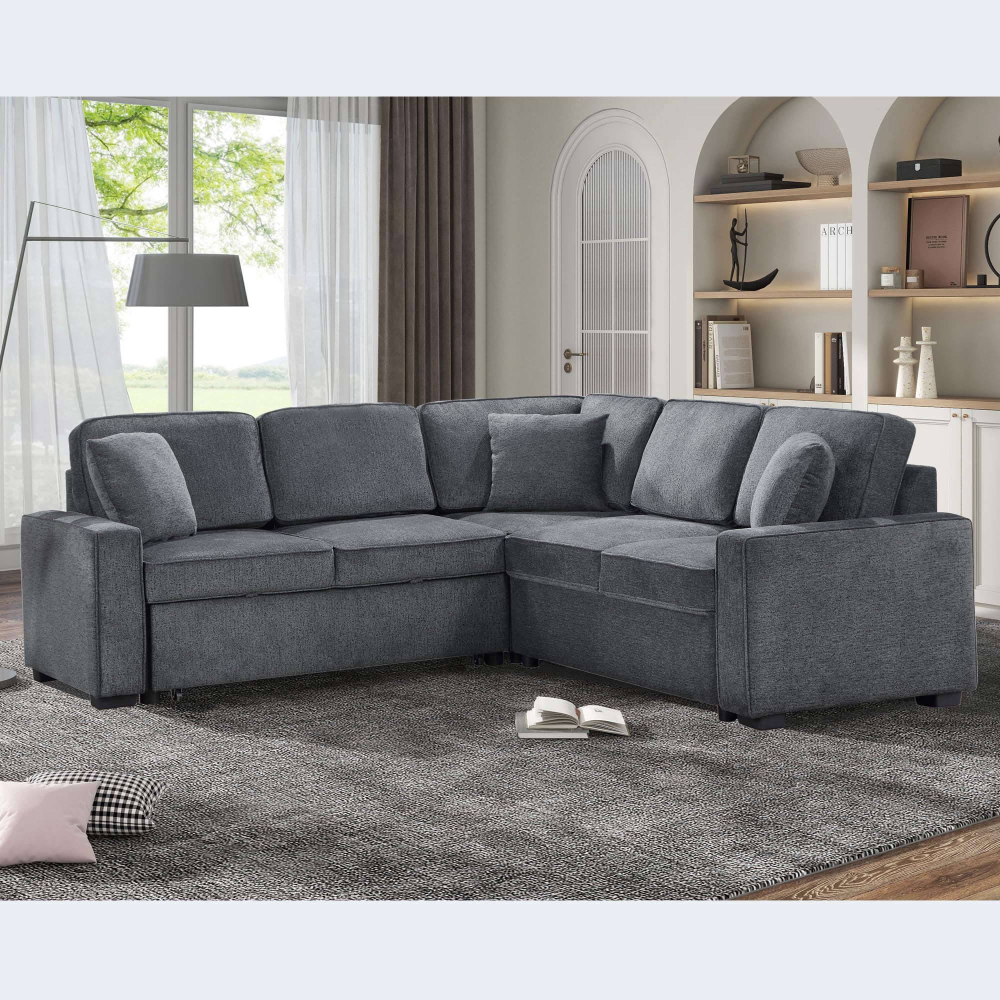 Favfurish Convertible Sectional Sleeper Sofa,L Shaped Oversized Modular Couch Upholstered Free Combined Corner Couches with 3 Pillows and 5 Seat,Pullout Bed,Chenille,Dark Gray