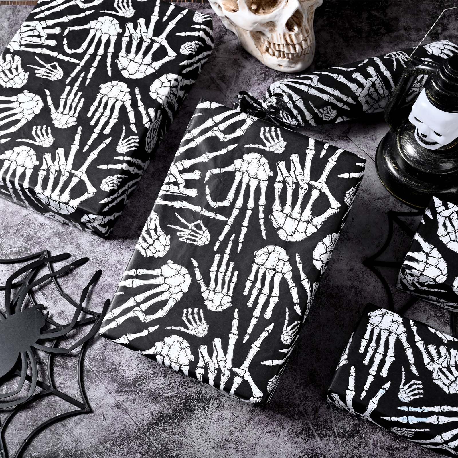 100 Sheets 20 * 14 Inches Halloween Tissue Paper for Gift Wrapping Black White Skeleton Hands Tissue Paper for Gift Bags Spooky Decorative Tissue for Halloween Party DIY Craft