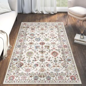 luxrug 3x5 washable area rug - small entryway rug non-slip cream colorful vintage traditional floral kitchen rugs low pile boho carpet throw rugs for living room bedroom bathroom entrance dorm office