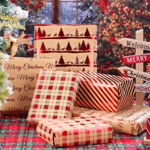 woric Jumbo Christmas Wrapping Paper 30 Inch 4 Rolls Gift Wrapping Paper Christmas Rolls, Brown Paper with Red Pattern Vintage Christmas Stocking Stuffers, 10 Feet Per Roll