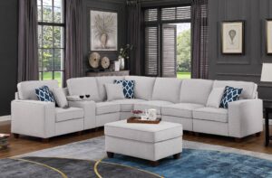 woodrk upholstered sectional sofa set with ottoman and mobile armless chairs, linen couch with 2 cup holders, usb ports and storage space, for living room, apartment, light gray