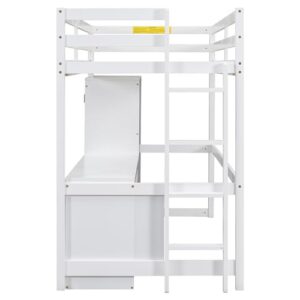 BOVZA Wood Twin Size Loft Bed Frame with Desk and Wardrobe, Built-in Desk with 3 Drawers and Open Cabinet, Twin Loft Bed with Desk and Storage for Kids Teens Adults, White