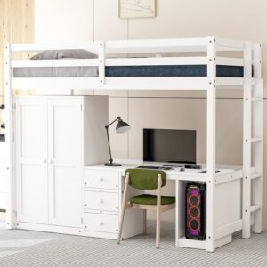 BOVZA Wood Twin Size Loft Bed Frame with Desk and Wardrobe, Built-in Desk with 3 Drawers and Open Cabinet, Twin Loft Bed with Desk and Storage for Kids Teens Adults, White