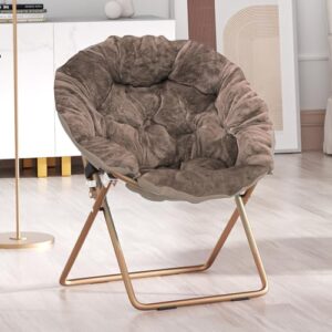 sfihome foldable oversized moon chair, large soft lazy cozy comfortable faux fur round saucer moon chair for teens and adults, light brown