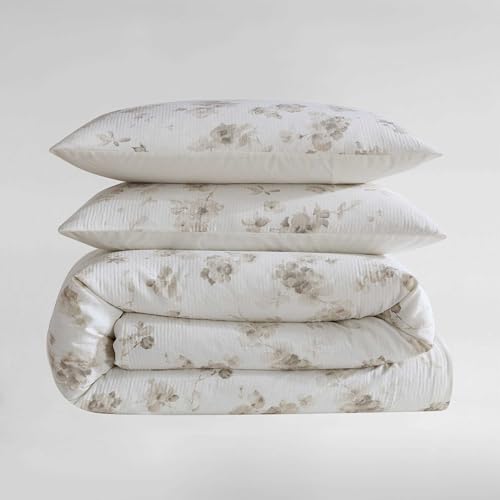 Calvin Klein - King Duvet Cover Set, Super Soft Cotton Bedding with Matching Shams, Floral Home Decor, Oeko-Tex Certified (Eternity Floral Beige, King)