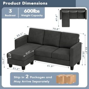 Acurax Convertible Sectional Sofa Couch, L-Shaped 3 Seat with Linen Fabric and Movable Ottoman, for Small Apartments, Living Room and Office, Dark Gray