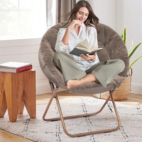 SFIHOME Foldable Oversized Moon Chair, Large Soft Lazy Cozy Comfortable Faux Fur Round Saucer Moon Chair for Teens and Adults, Light Brown