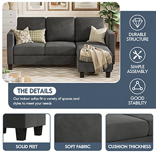 Acurax Convertible Sectional Sofa Couch, L-Shaped 3 Seat with Linen Fabric and Movable Ottoman, for Small Apartments, Living Room and Office, Dark Gray