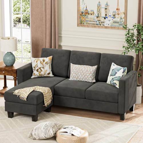 Acurax Convertible Sectional Sofa Couch, L-Shaped 3 Seat with Linen Fabric and Movable Ottoman, for Small Apartments, Living Room and Office, Dark Gray