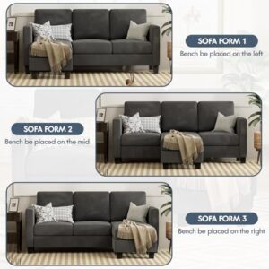 Acurax Convertible Sectional Sofa Couch, L-Shaped 3 Seat with Linen Fabric and Movable Ottoman, for Small Apartments, Living Room and Office, Dark Gray