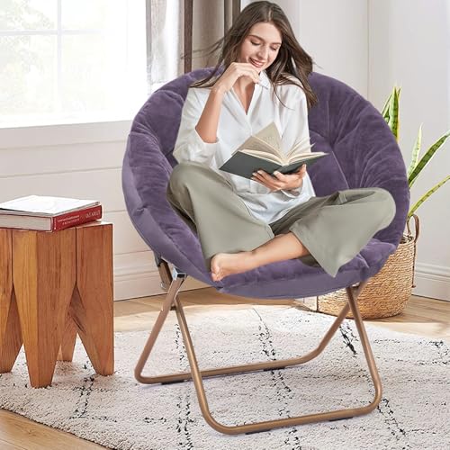 SFIHOME Foldable Oversized Moon Chair, Large Soft Lazy Cozy Comfortable Faux Fur Round Saucer Moon Chair for Teens and Adults, Purple