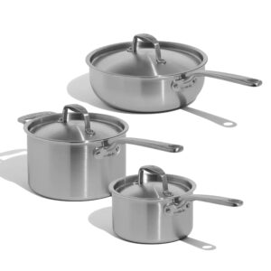 made in cookware - 6 piece stainless saucepan set - 5 ply clad - includes stainless steel saucepans and saucier with lid - professional cookware - crafted in italy