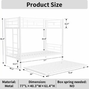 XMRCLP Heavy-Duty Metal Twin Over Bunk Bed with Trundle, Noise Reduced, Safety Guardrail for Bedroom or Guest Room, Kids, 77.00" L, 40.30" W, 61.40" H (White)