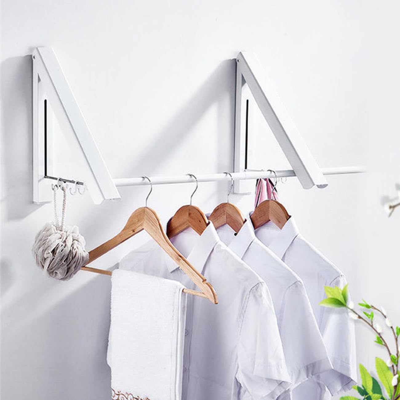 Foldable Wall Mounted Drying Rack with 80CM Extension Rod，Heavy Duty Aluminum Telescopic Clothes Hanger for Laundry Room Organisation Storage Drying Hanging Clothes with Drying Rod (2-Pack, White)